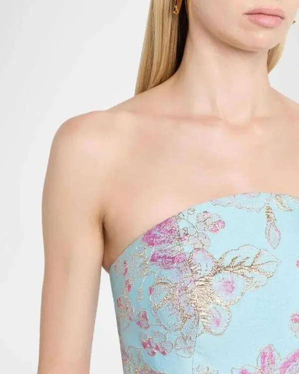 Rickie Freeman For Teri Jon Strapless Metallic Floral Jacquard Gown - Light Blue Multi