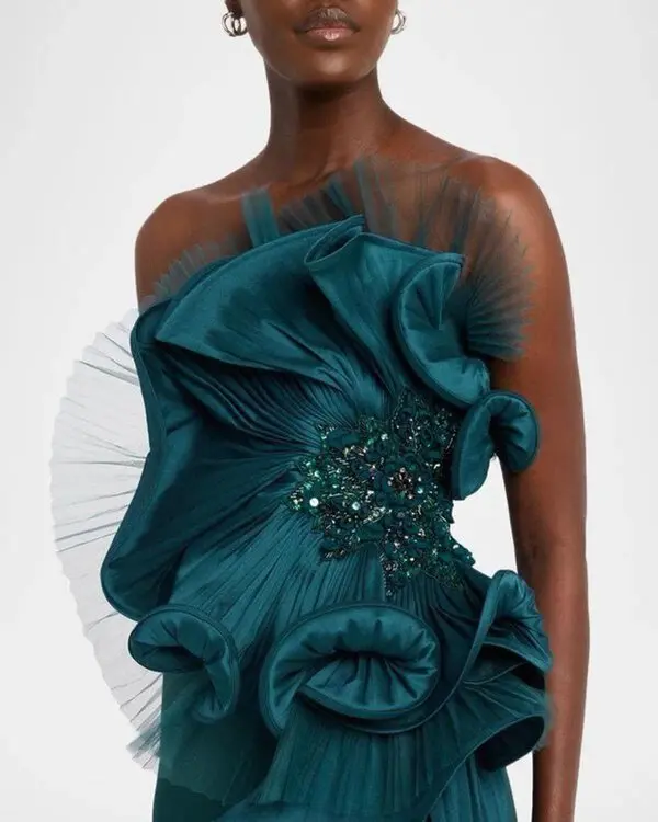 Badgley Mischka Satin Floral Strapless Column Gown - Pine