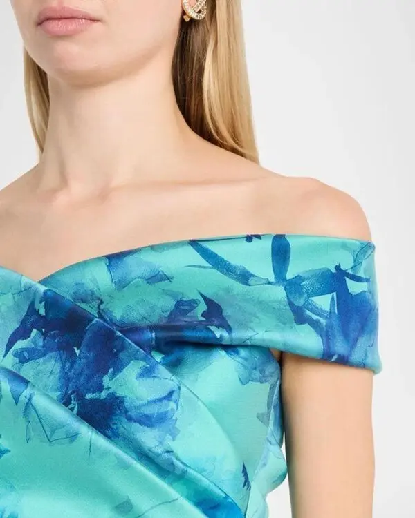 Rickie Freeman For Teri Jon Off-shoulder Floral Gazar Column Gown - Aqua Multi