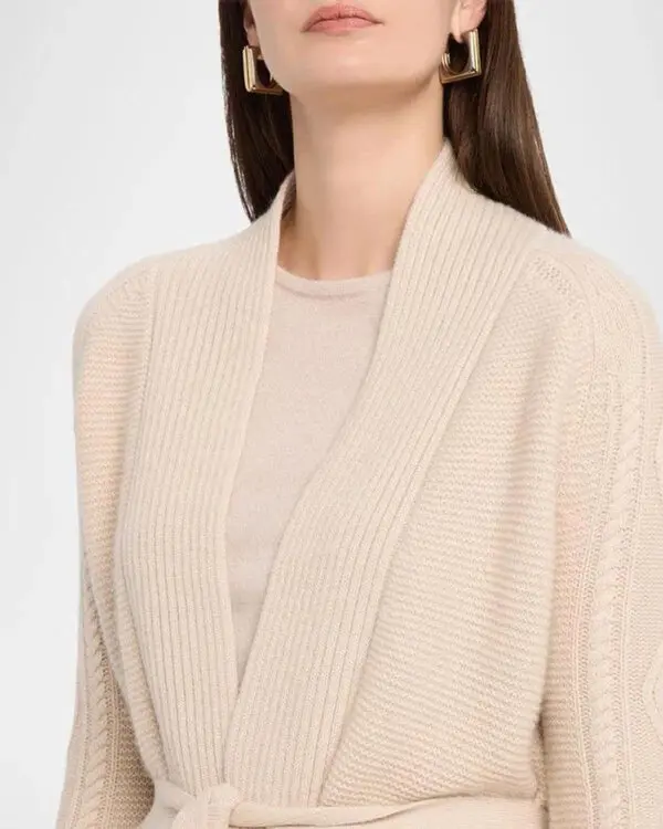 Neiman Marcus Cashmere Cable Belted Cardigan - Bone