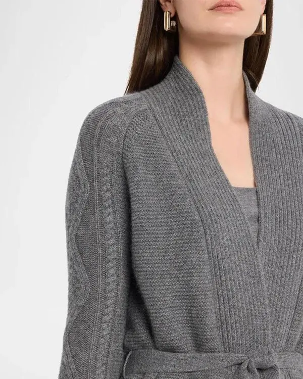 Neiman Marcus Cashmere Cable Belted Cardigan - Heather Gr