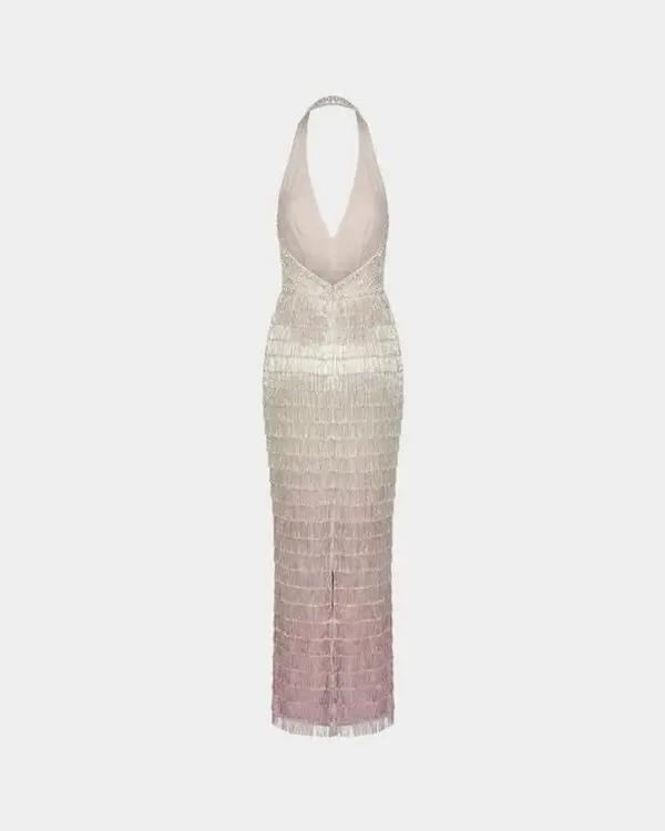 Mac Duggal Beaded Fringed Halter Gown