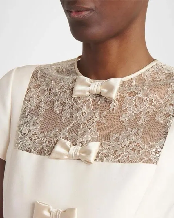 Valentino Garavani Short-sleeve Lace-yoke Bow Mini Dress - Vanilla