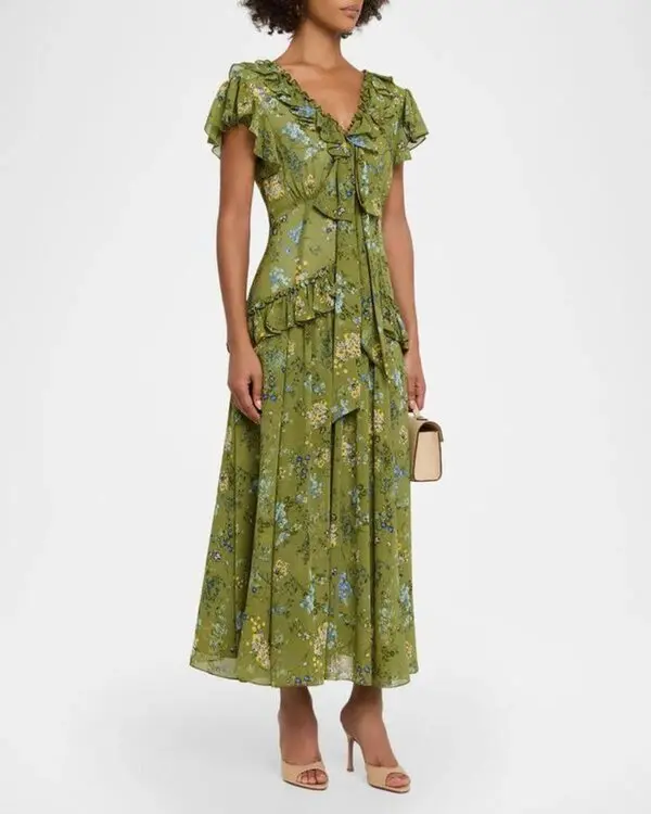 Cinq À Sept Windswept Floral Siv Ruffle Midi Dress - Iguana Mul
