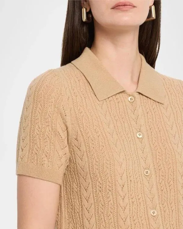 Neiman Marcus Pointelle-knit Cashmere Polo - Camel