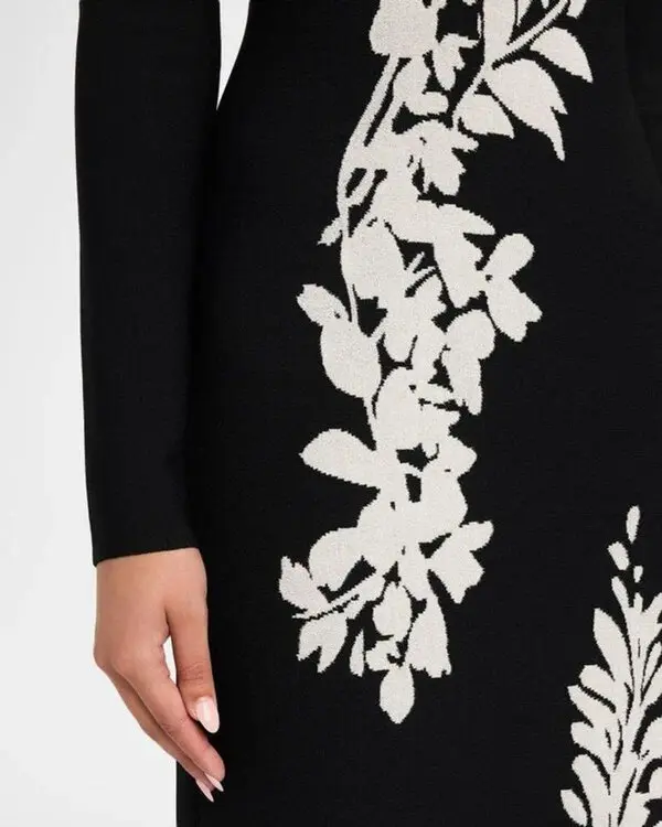Lela Rose Velvet Jacquard Knit Long-sleeve Ankle Dress