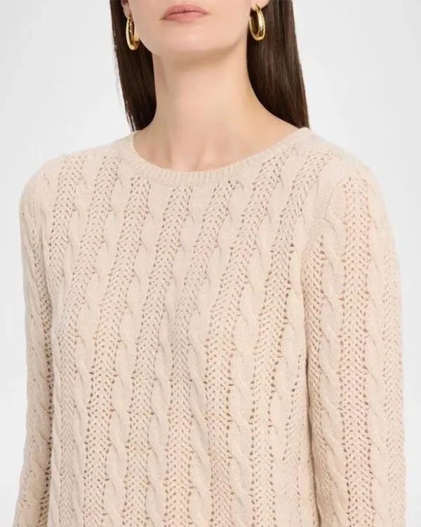 Neiman Marcus Pointelle Crewneck Cashmere Sweater - Bone
