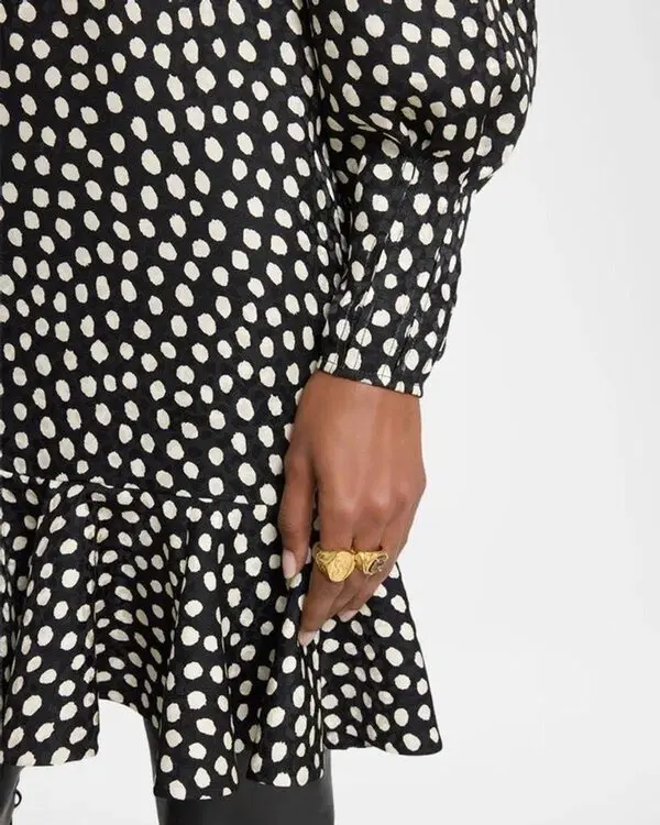 Chloé Dots-print Silk Jacquard Capelet Long-sleeve Mini Dress - Black/beige