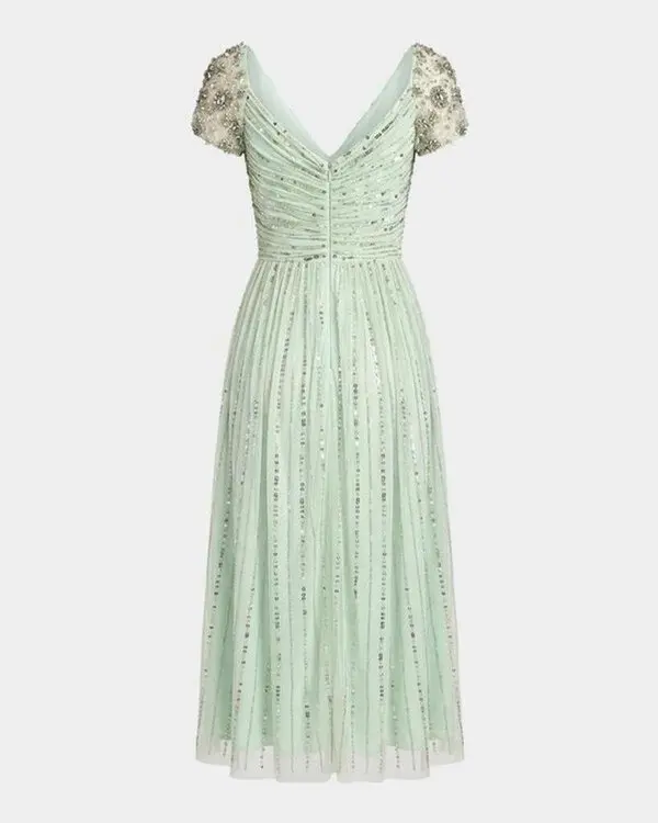 Mac Duggal Ruched Bead And Sequin Mesh Midi Dress - Sage