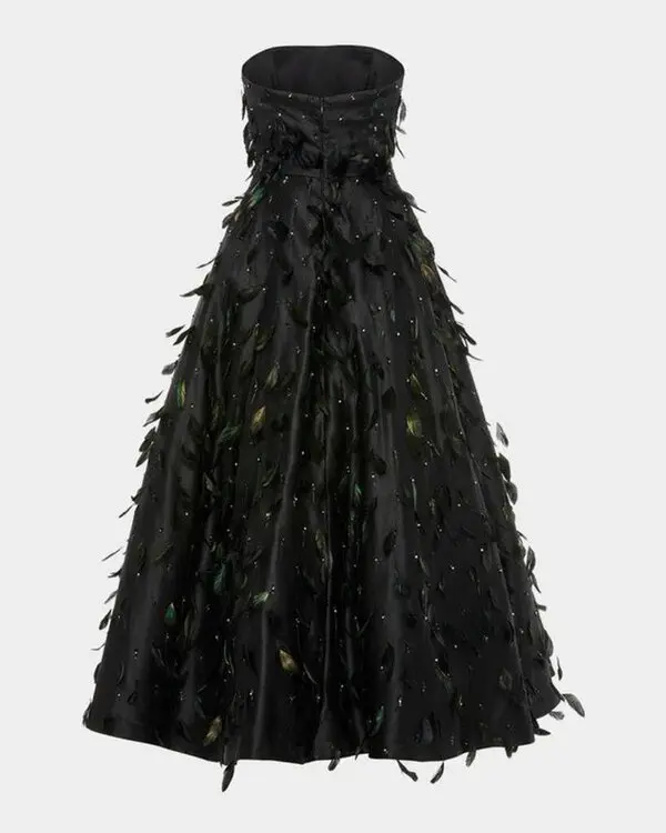 Mac Duggal Strapless Feather-embellished Satin Maxi Dress