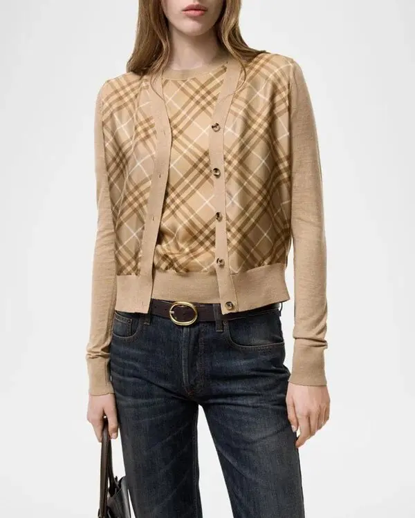 Burberry Check Silk Paneled Crewneck Cardigan - Camel
