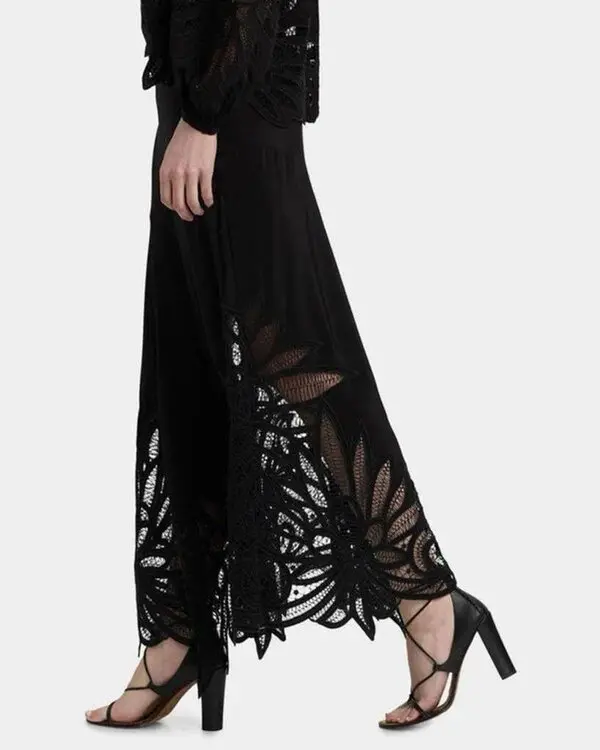 Ulla Johnson Oona Lace Appliqué Silk Midi Skirt - Noir