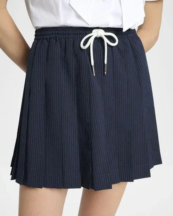 Thom Browne Pleated Seersucker Mini Drawstring Skirt - Navy
