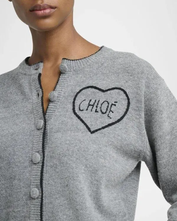 Chloé Logo Heart Wool-cashmere Crewneck Cardigan - Divine Grey