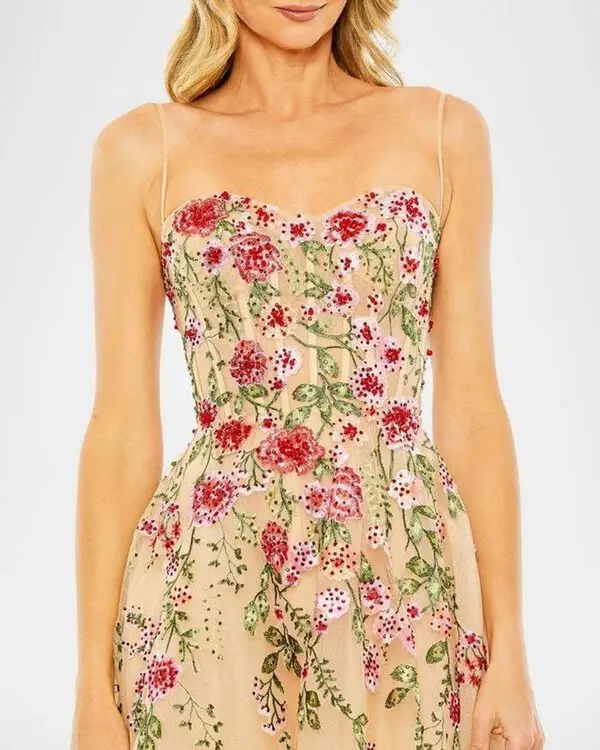 Mac Duggal Floral-embroidered Tulle Midi Dress