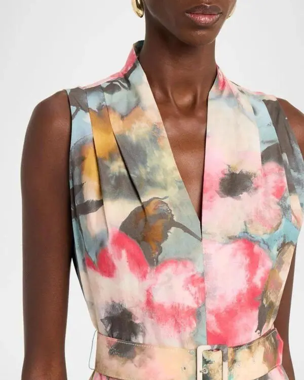 Lela Rose Floral-print Cotton Sleeveless Midi Dress With Belt - Mist Multi