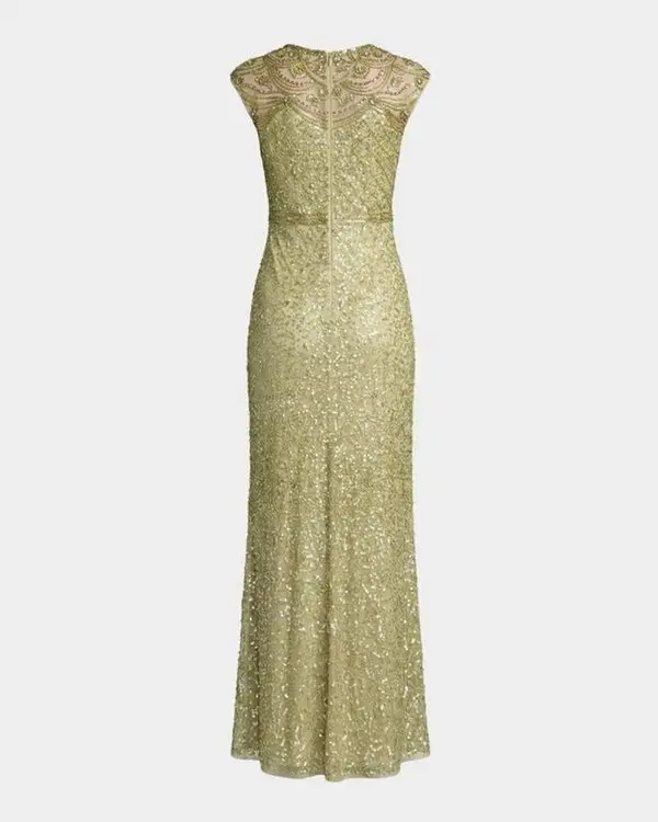 Mac Duggal Cap-sleeve Beaded Mesh Column Gown