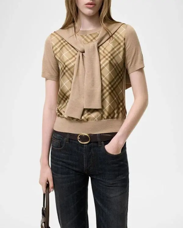 Burberry Short-sleeve Check Silk Paneled Crewneck Sweater - Camel
