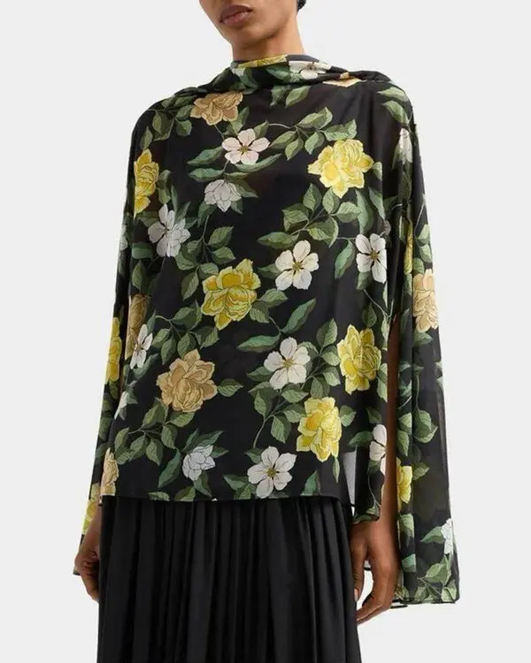 UNGARO Anabella Cape-sleeve Floral Chiffon Blouse - Black Multi
