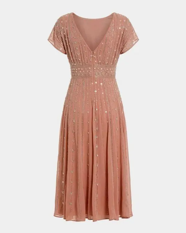 Mac Duggal Beaded Chiffon Midi Dress