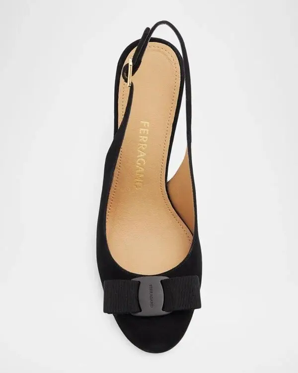FERRAGAMO 95mm Vibily Bow Suede Slingback Pumps - Nero