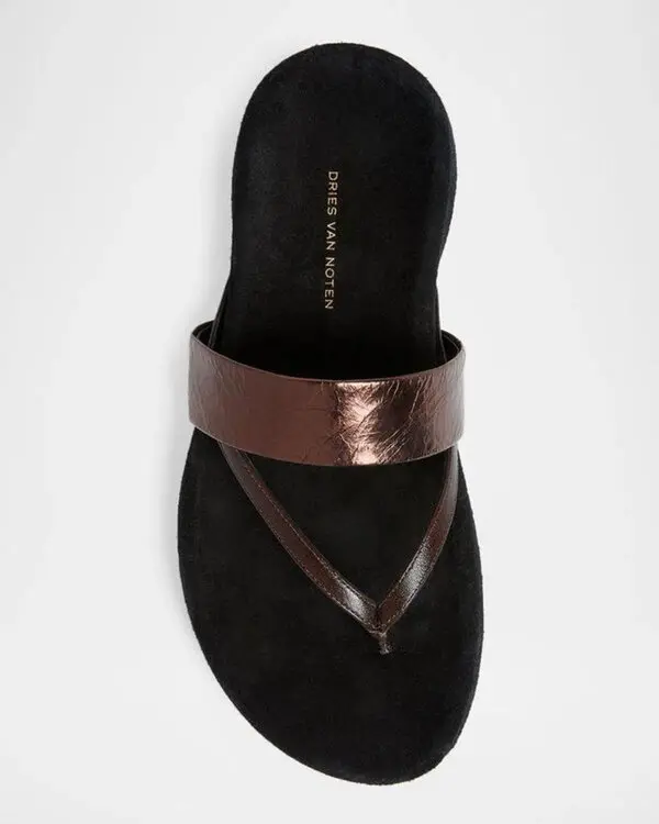 Dries Van Noten Mosaicon Metallic Leather Flat Thong Sandals