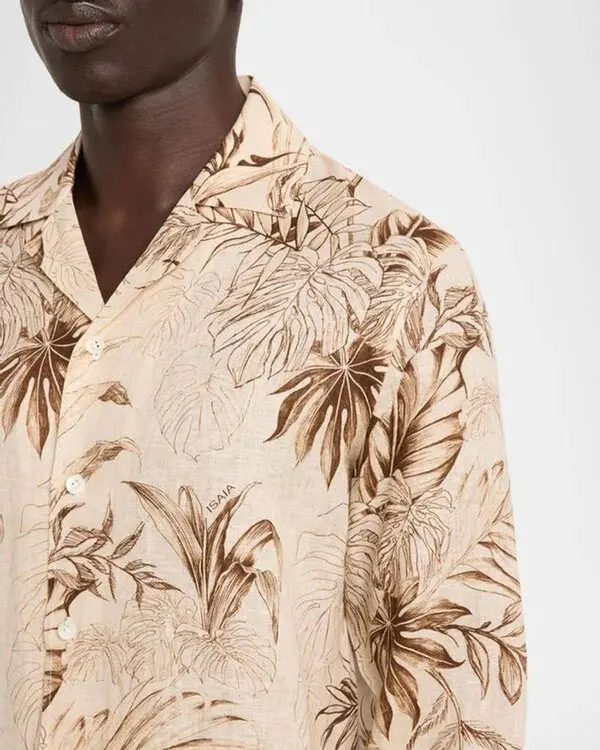 Isaia Apos;s Palm Print Linen Button-down Shirt