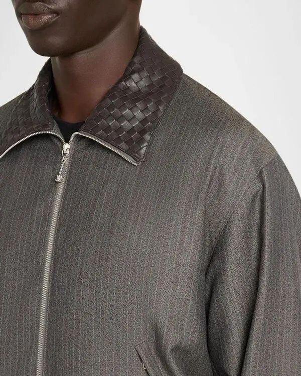 Bottega Veneta Apos;s Shadow Stripe Intrecciato Leather-collar Jacket