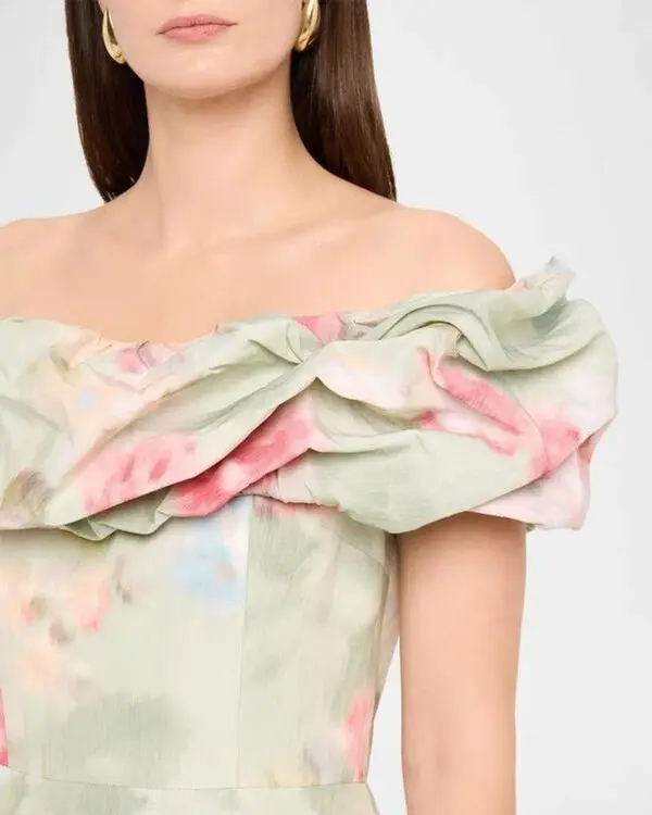 Rickie Freeman For Teri Jon Off-shoulder Floral Taffeta Gown