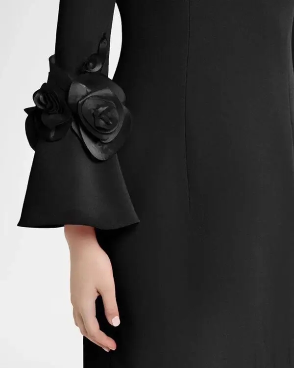 Rickie Freeman For Teri Jon Floral Applique Flare-cuff Crepe Dress - Black