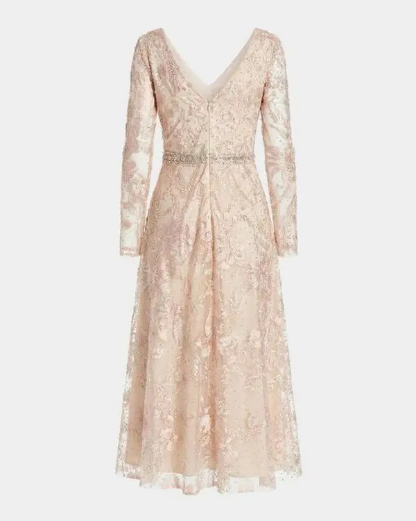 Mac Duggal Crystal Floral Embroidered Mesh Midi Dress