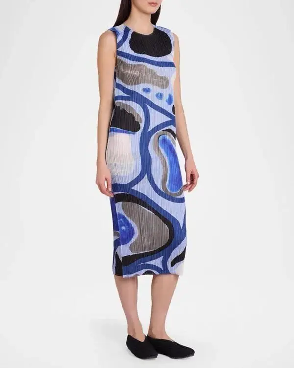 Issey Miyake Roll Printed Plisse Sleeveless Midi Dress - Light Blue