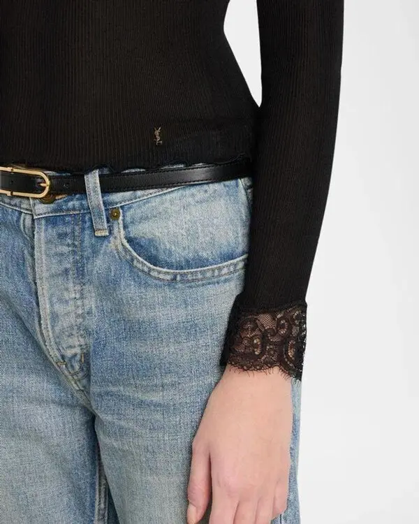 Saint Laurent Lace Trim Wool-cashmere Rib Jersey Long-sleeve Top
