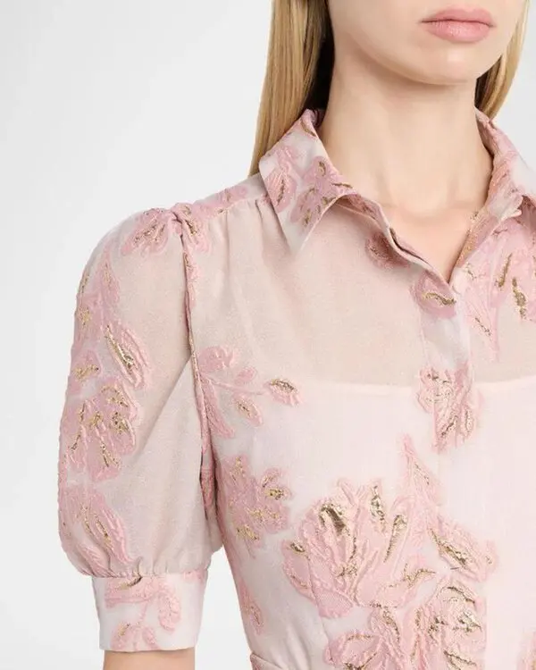 Rickie Freeman For Teri Jon Jacquard Short-sleeve Collared Gown - Blush