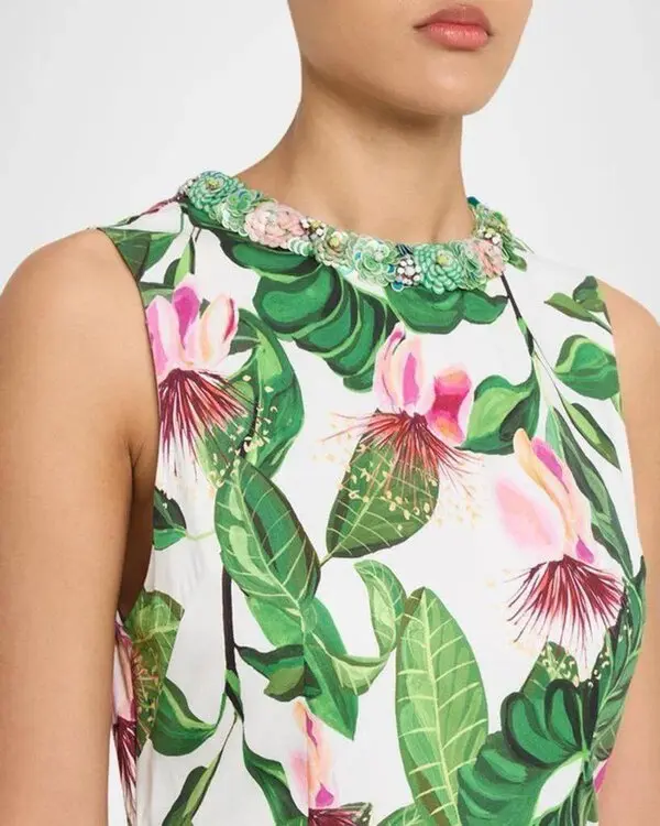 Rickie Freeman For Teri Jon Tropical Floral Cotton Midi Dress - Green Mult