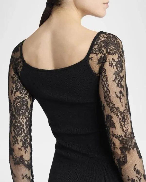 Valentino Garavani Lace Long-sleeve Rib Midi Dress - Nero