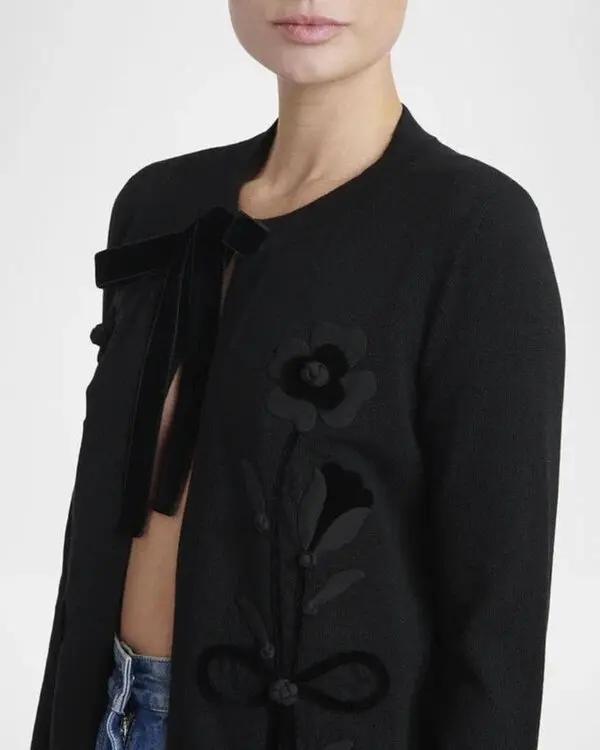Valentino Garavani Floral Velvet Embroidered Crewneck Cardigan - Nero