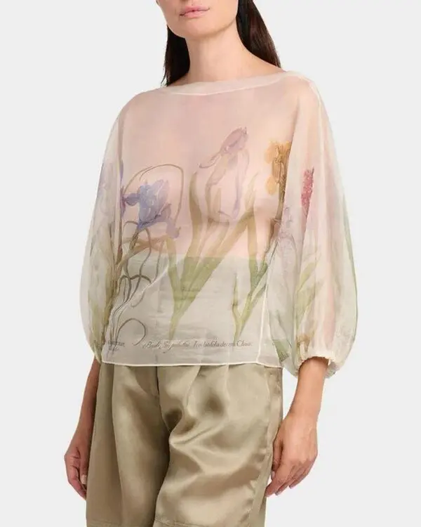 Alberta Ferretti Floral Sheer Silk Organza Balloon-sleeve Blouse