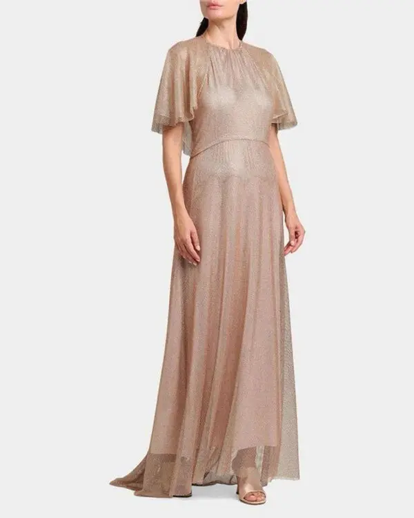 Alberta Ferretti Micro-rhinestone Mesh Capelet Evening Dress