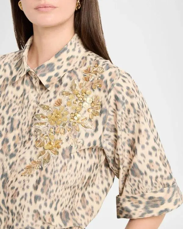 UNGARO Aimee Beaded Animal-print Blouse