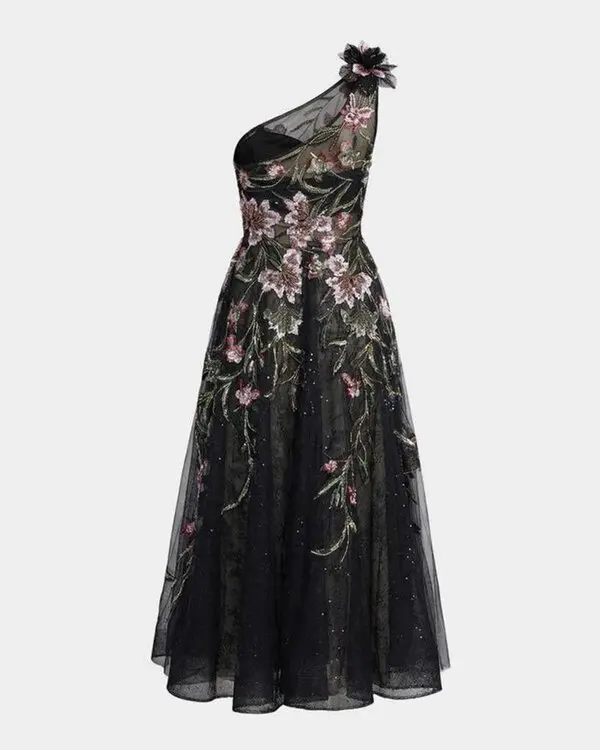 Mac Duggal Sequined Floral-embroidered One-shoulder Cocktail Maxi Dress