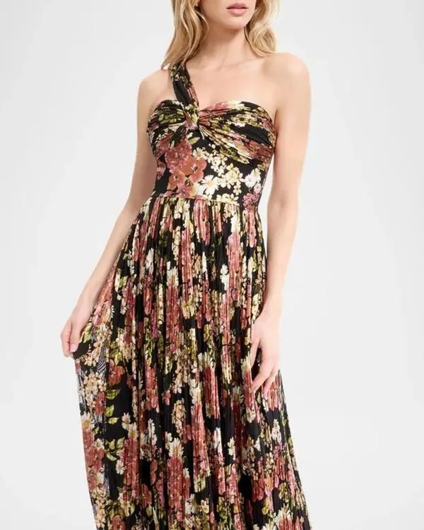 Dress The Population Idalia Floral One-shoulder Gown - Black Mult