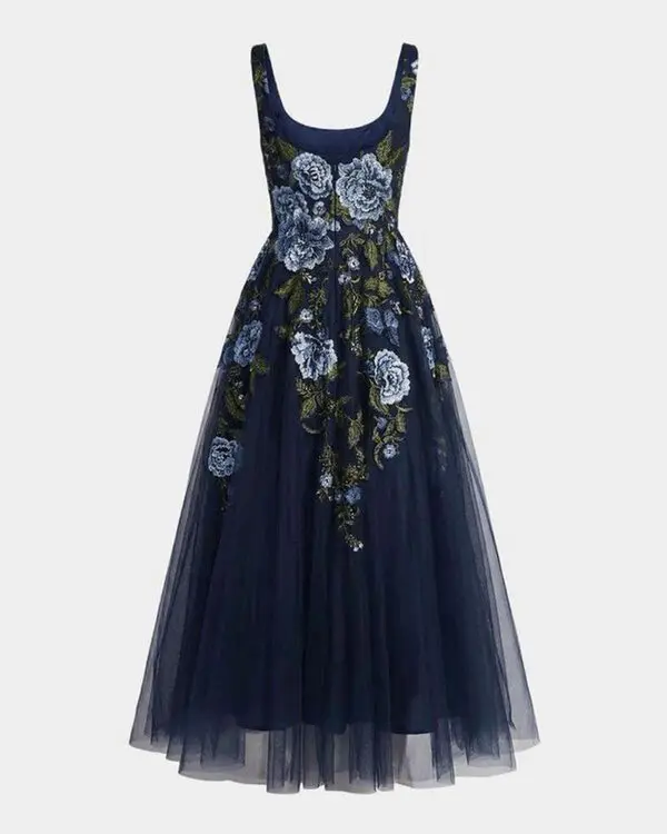 Mac Duggal Floral Embroidered Tulle Tea-length Cocktail Dress