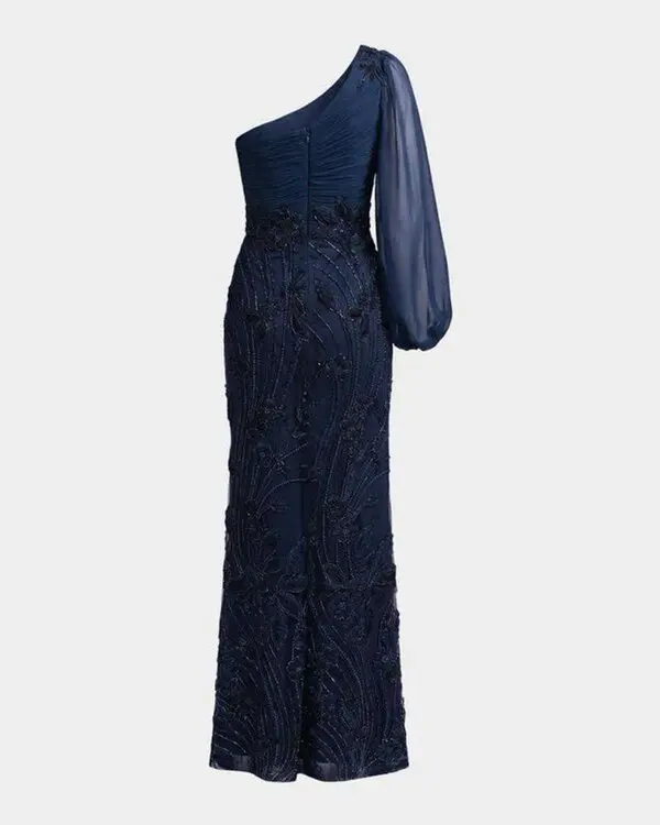 Mac Duggal Floral Appliqué Chiffon Trumpet One-shoulder Gown