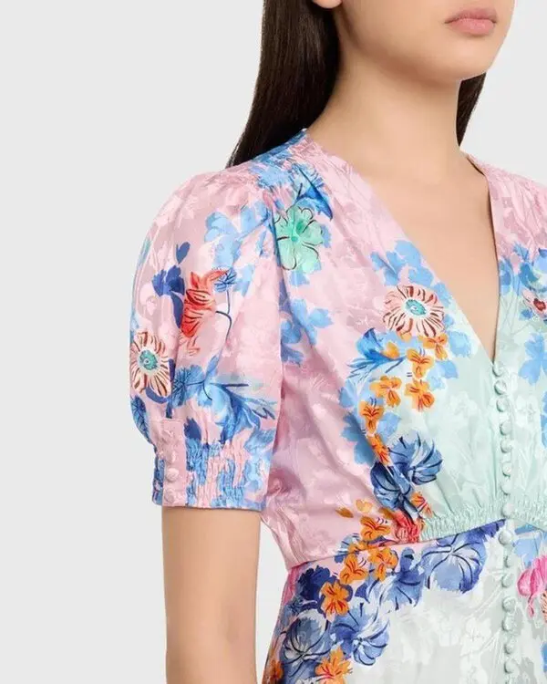 Saloni Lea Floral Silk Jacquard Button-front Midi Dress