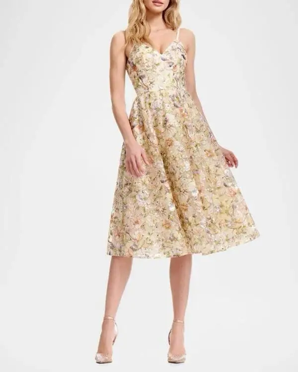 Dress The Population Maren Floral Sequined Midi Dress - Ivory Mult