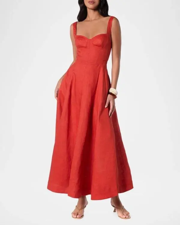 NICHOLAS Anya Sweetheart Linen Midi Dress - Paprika