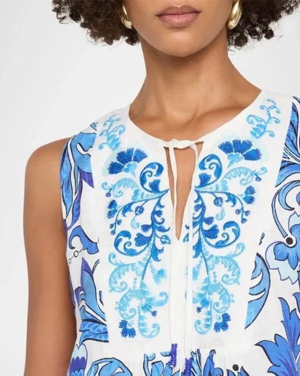 Johnny Was Embroidered Floral-print Linen Tank Top