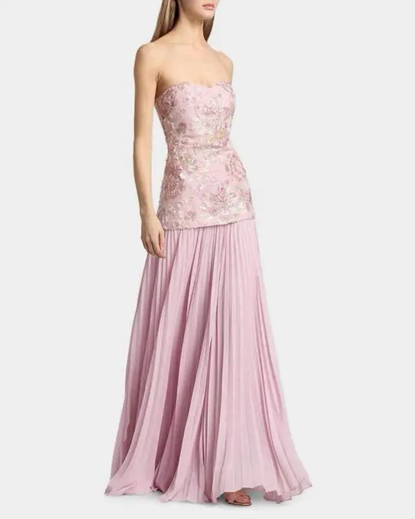 Badgley Mischka Strapless Beaded Bodice Dropwaist Gown - Blush Multi