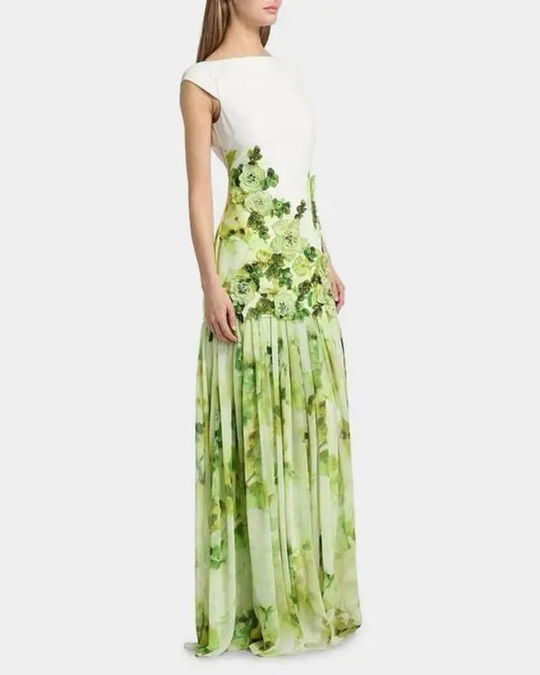 Badgley Mischka Floral Print Dropwaist Sheath Gown - Lime Multi